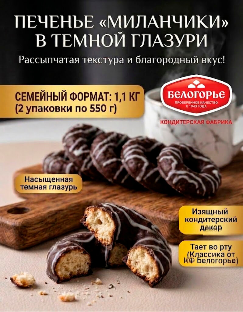 Печенье сахарное глазированное Миланчики 1,1 кг / В темной глазури с декором Белогорье / 2 упаковки