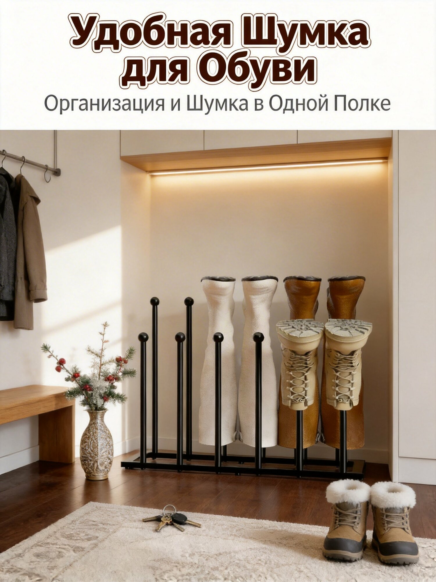 Стойка-сушилка для обуви, вертикальная полка для сушки и хранения 64 см ширина, задний ряд 46 см передний 35 см, глубина 20 см