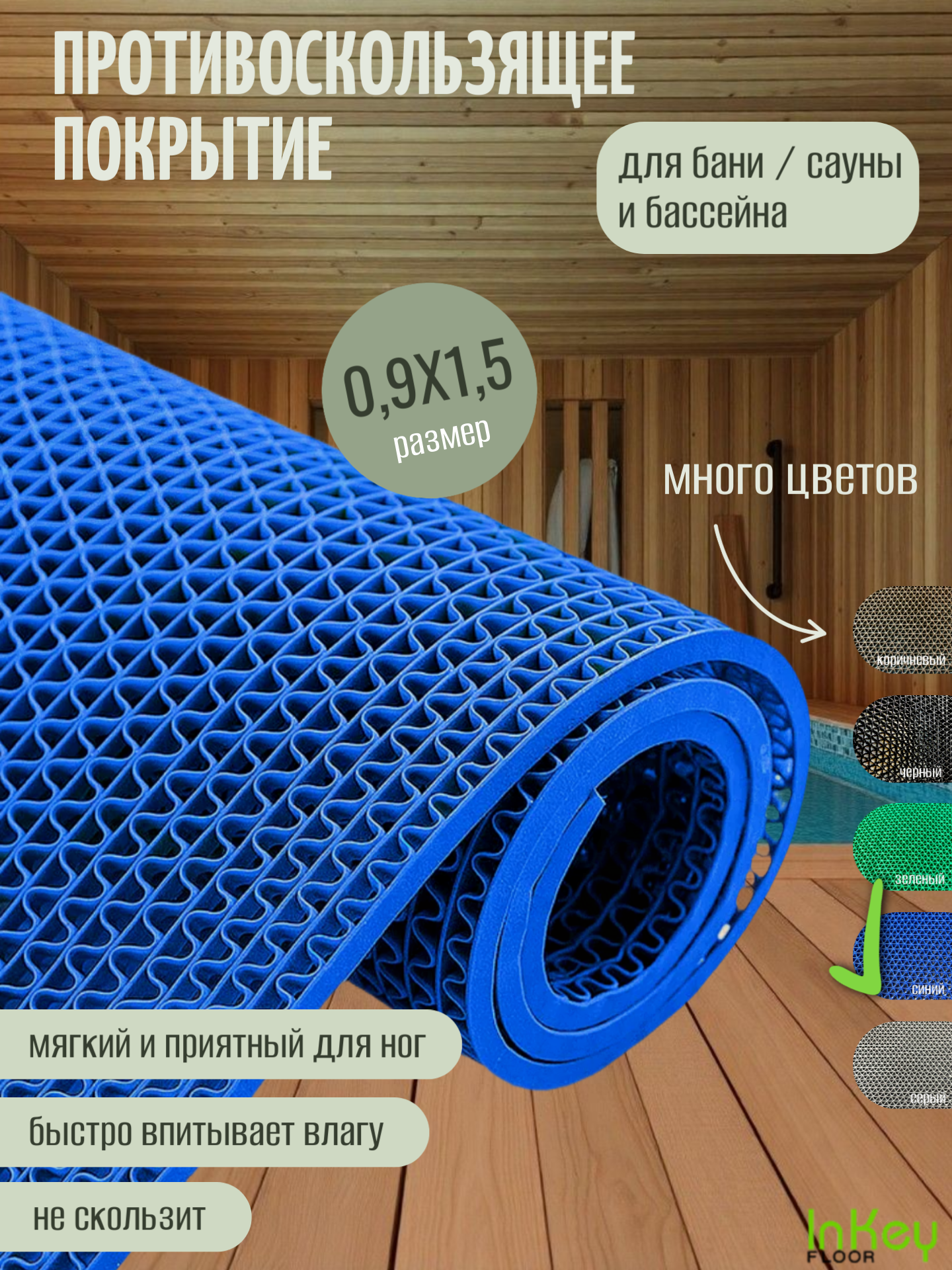 Противоскользящий коврик для бань, бассейна и душевых 0,9 на 1,5 метра синий