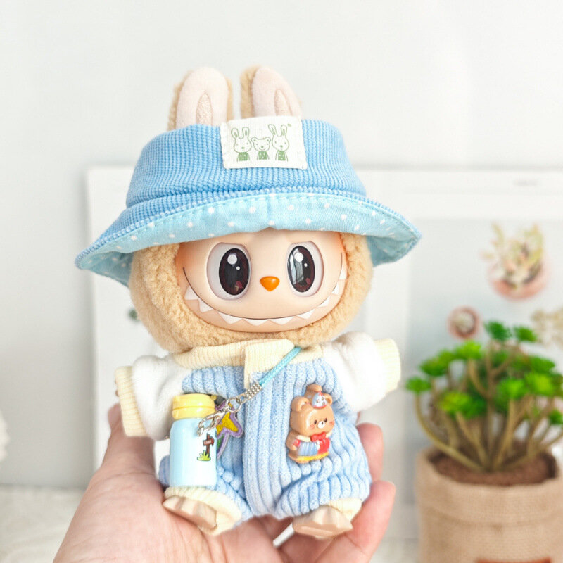 Синяя комплект одежды Labubu для плюшевых кукол 2-компонентный набор с синей шапкой-шапкой с кроликом для 1-го и 2-го
