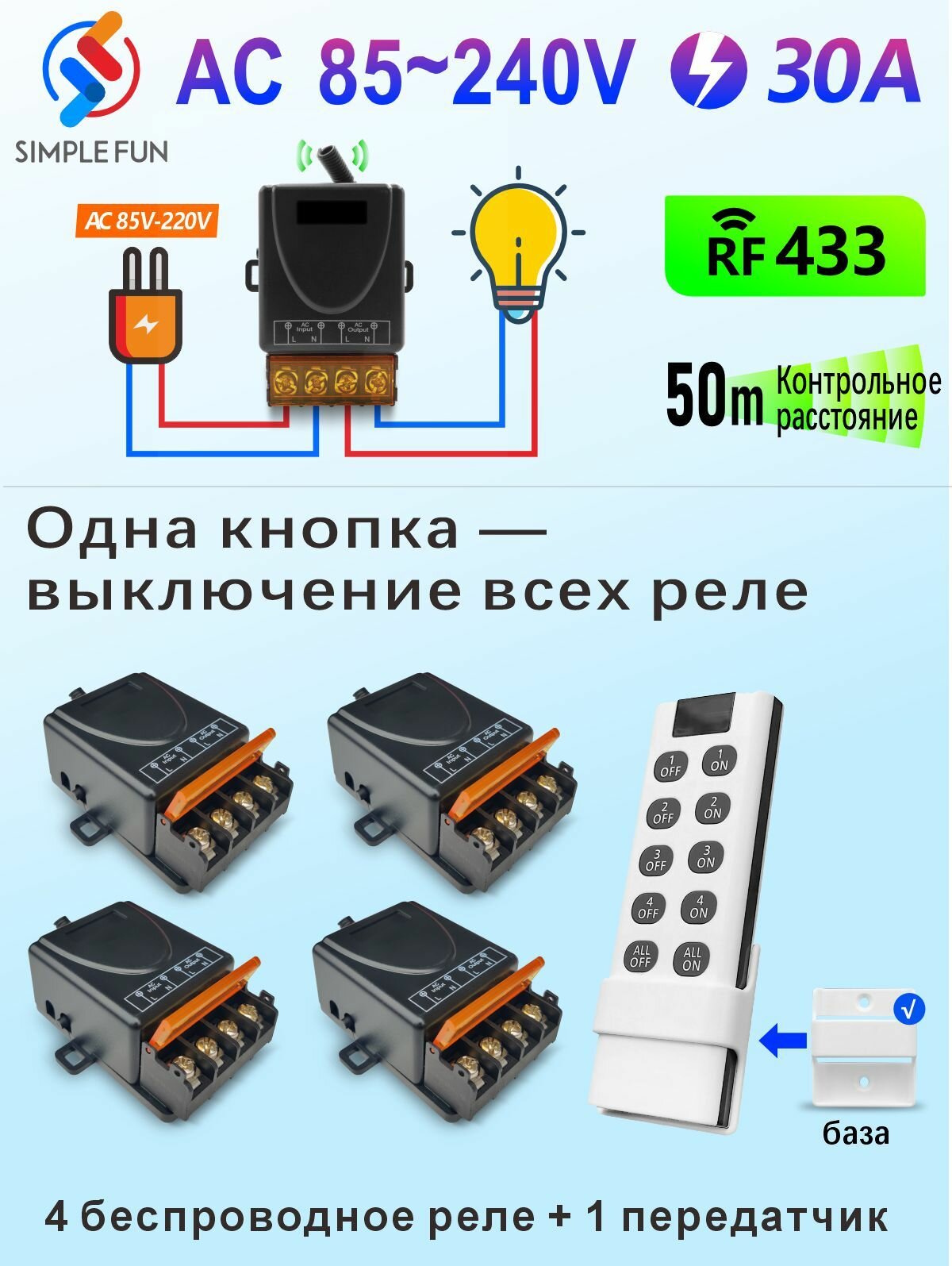 Радиоуправляемое реле 220В 30А 433МГц. Дистанционный выключатель. Беспроводной переключатель. реле 433МГц 30А беспроводное реле дистанционное реле