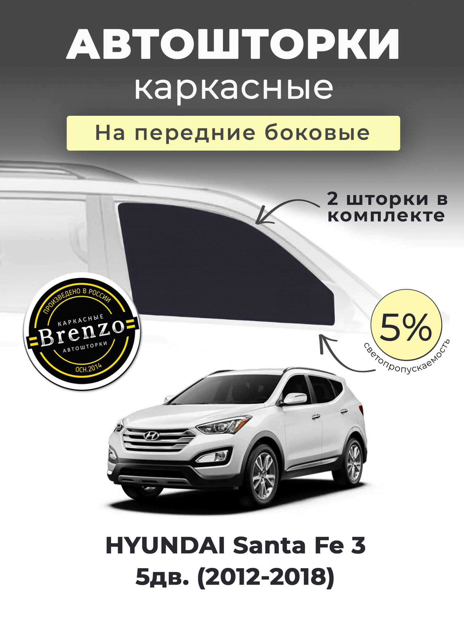Каркасные шторки HYUNDAI Santa Fe 3 5дв. (2012-2018) на передние двери 5%, сетки от солнца в машину