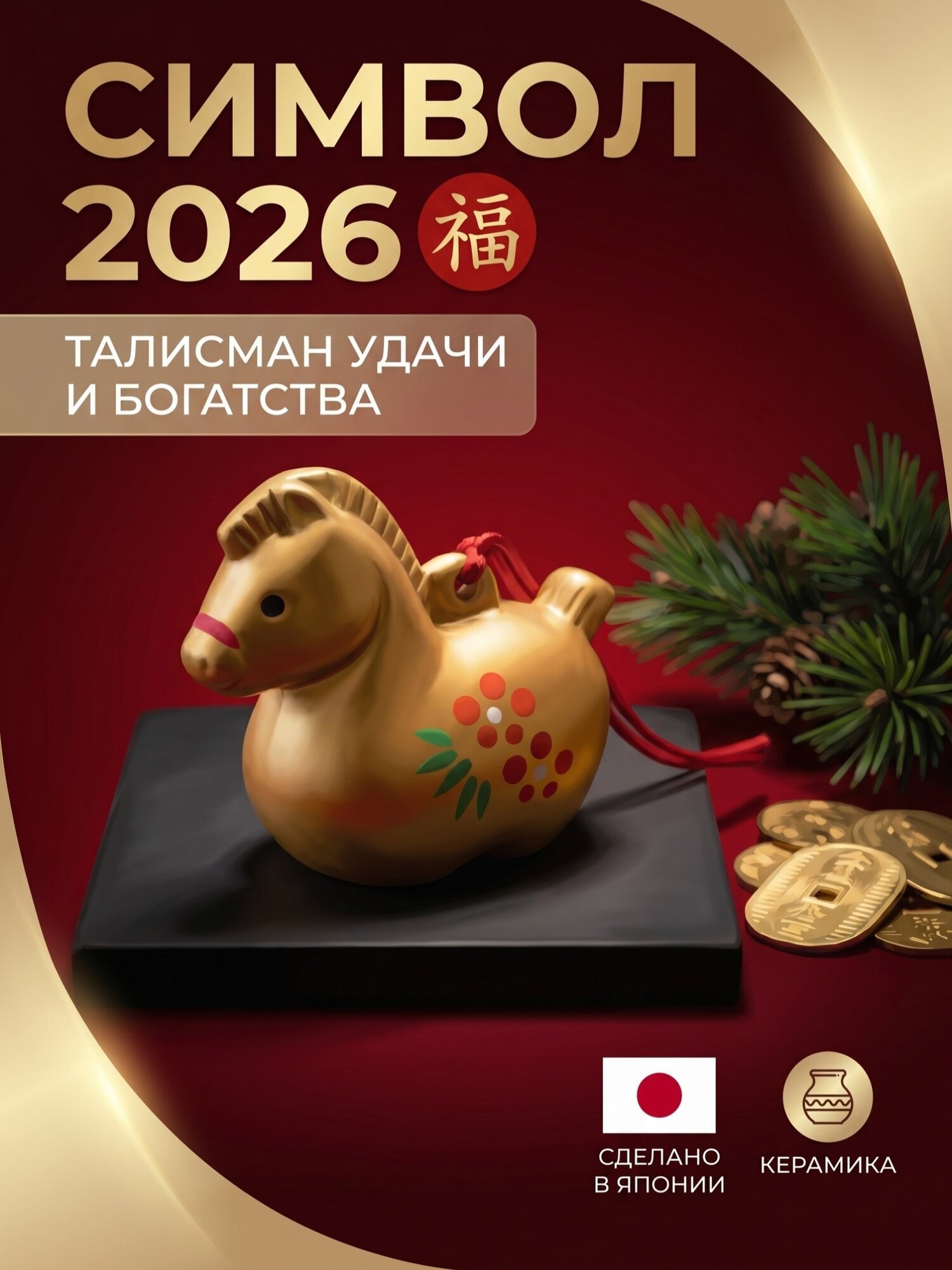 Сувенир фигурка Лошадь, золото символ года 2026, керамическая подвеска, Япония, японский талисман удачи