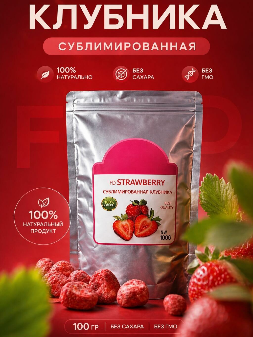 Клубника сублимированная целая, ягоды сушенные, без добавок 100гр