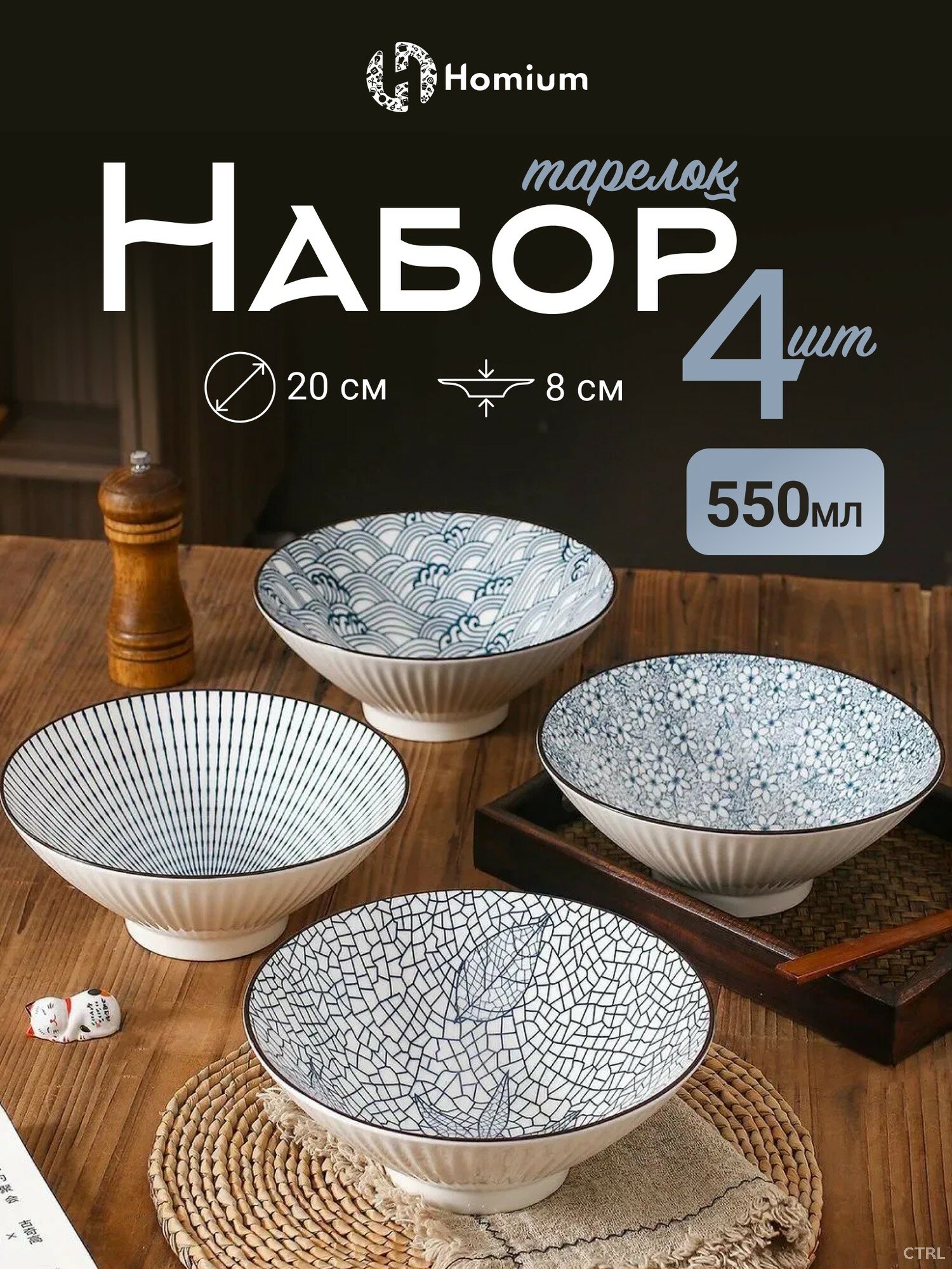 Набор тарелок Homium, Japanese Collection, глубокие, 4шт, цвет голубой, D20см