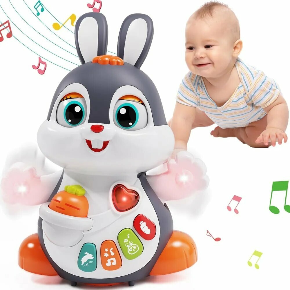 Музыкальные игрушки-зайчики для детей 1 года, пасхальные -подарок малышей 6-12 месяцев, ползающий зайчик с музыкой и подсветкой 1-2 лет, пасхальный кролик 9-12-18 меся
