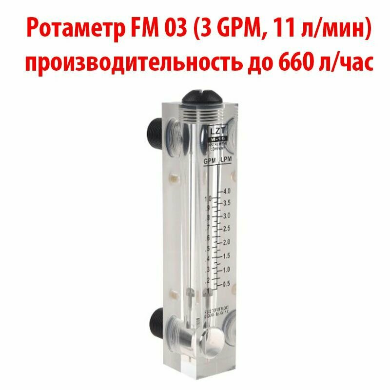 Ротаметр (измеритель потока воды или флоуметр) панельный FM 03 шкала 0,3-3 GPM или 0,5-11 л/мин. Для измерения потока до 660 литров в час.