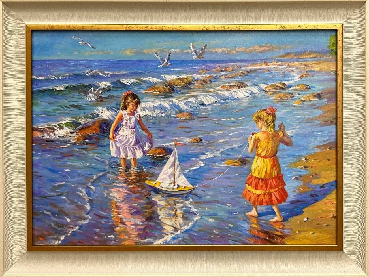 Картина маслом, морской пейзаж "Дети на морском берегу". Холст/Масло 2024. Размер 50х70. Автор Павел Мещеряков