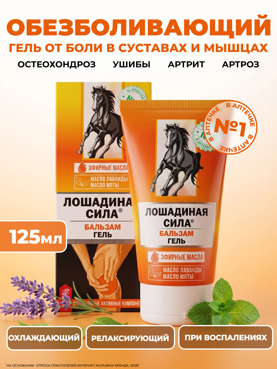 Бальзам-гель Лошадиная Сила, с ментолом, для мышц и суставов, 125 мл