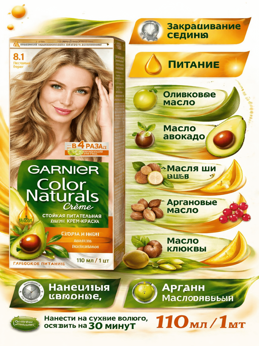 Крем-краска для волос Garnier Color Naturals Питательная c 3 маслами 8.1 Песчаный берег, 110мл