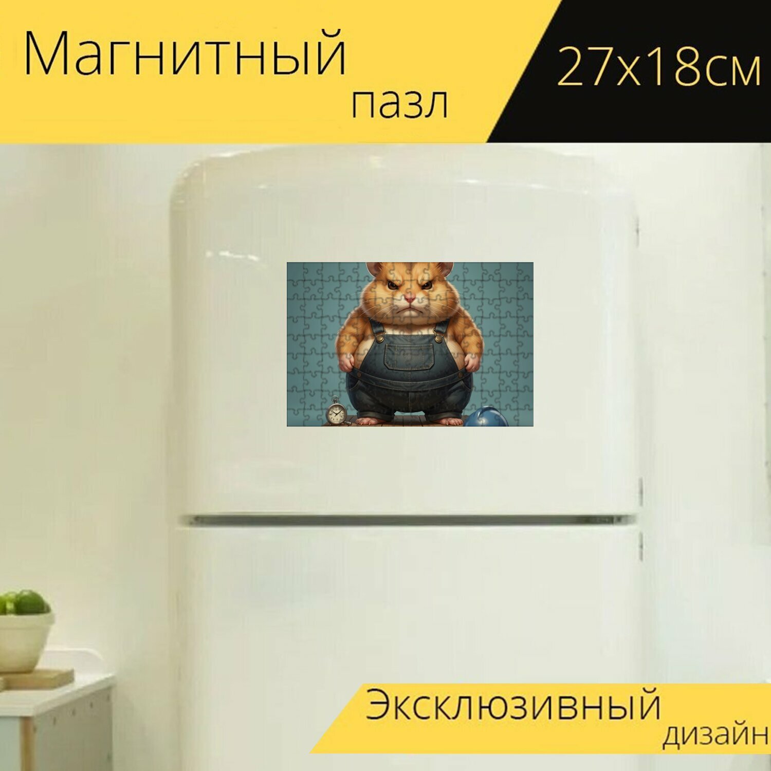 Магнитный пазл "Суровый хомяк в комбинезоне. Забавный пушистый зверёк в джинсовой рабочей одежде, сине-бирюзовый фон, деревянная подставка, каска и." на холодильник 27 x 18 см.