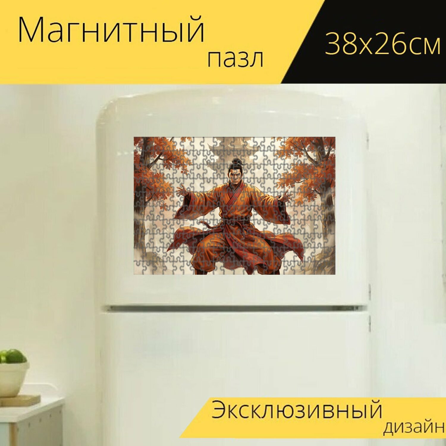Магнитный пазл "Восточный мастер в боевой позе. Азиатский боец в оранжевых одеждах стоит на камне среди туманного осеннего леса, на фоне пагоды, с." для интерьера, 38х26 см.