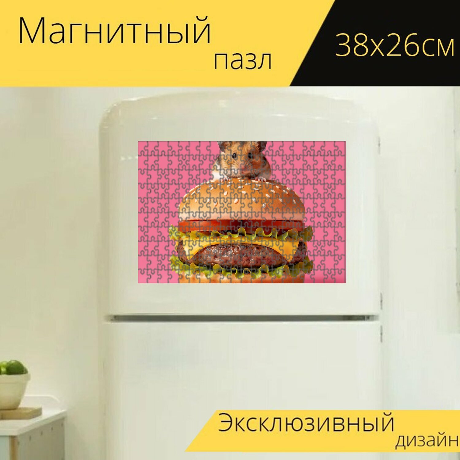 Магнитный пазл "Хомяк на сочном бургере. Смешной зверек выглядывает из аппетитного сэндвича с сыром, салатом и томатами на ярко-розовом фоне. Милый 3D-арт." для интерьера, 38х26 см.