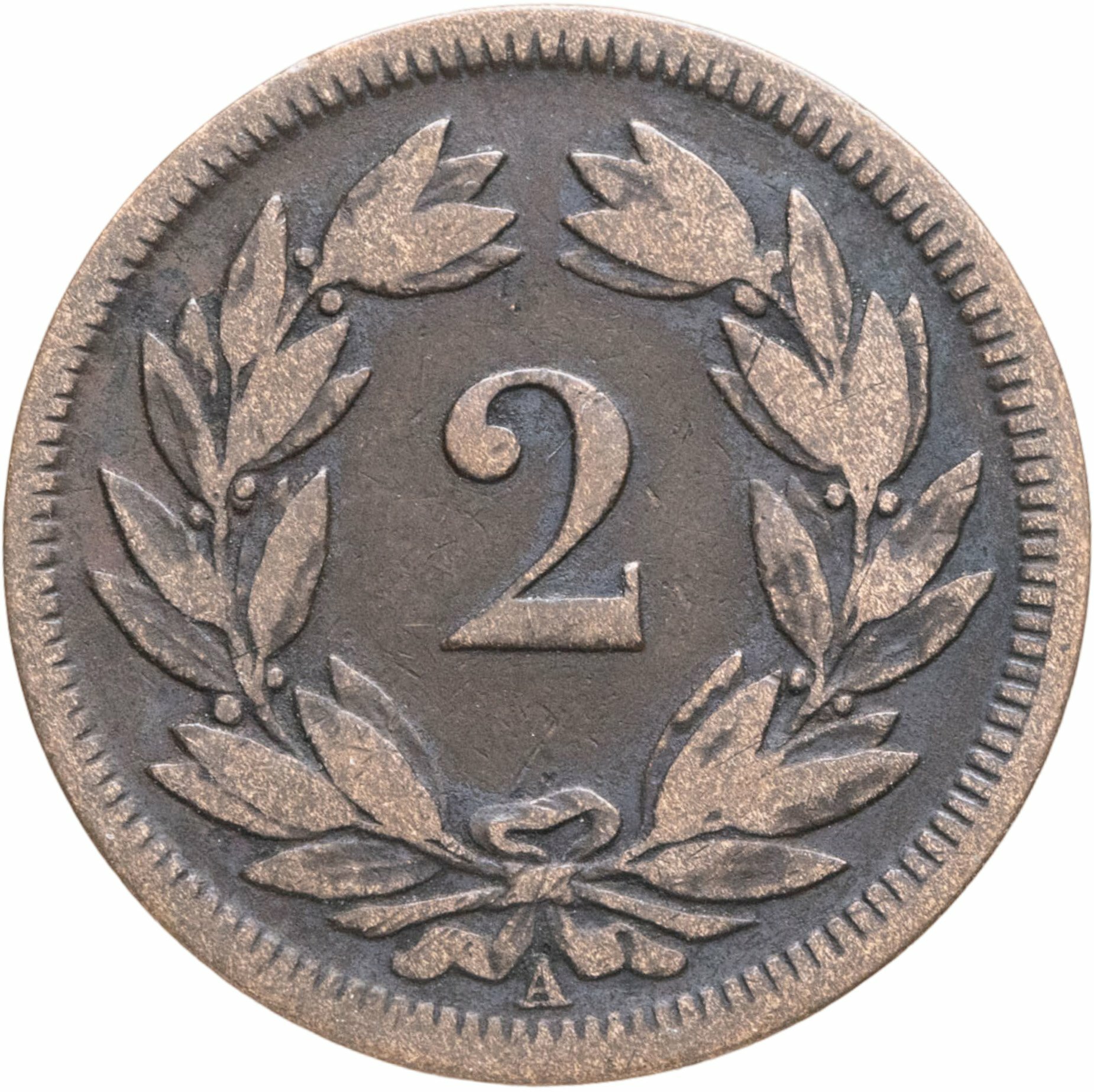 Швейцария 2 раппена rappen 1851, Бронза, в сохранности VF