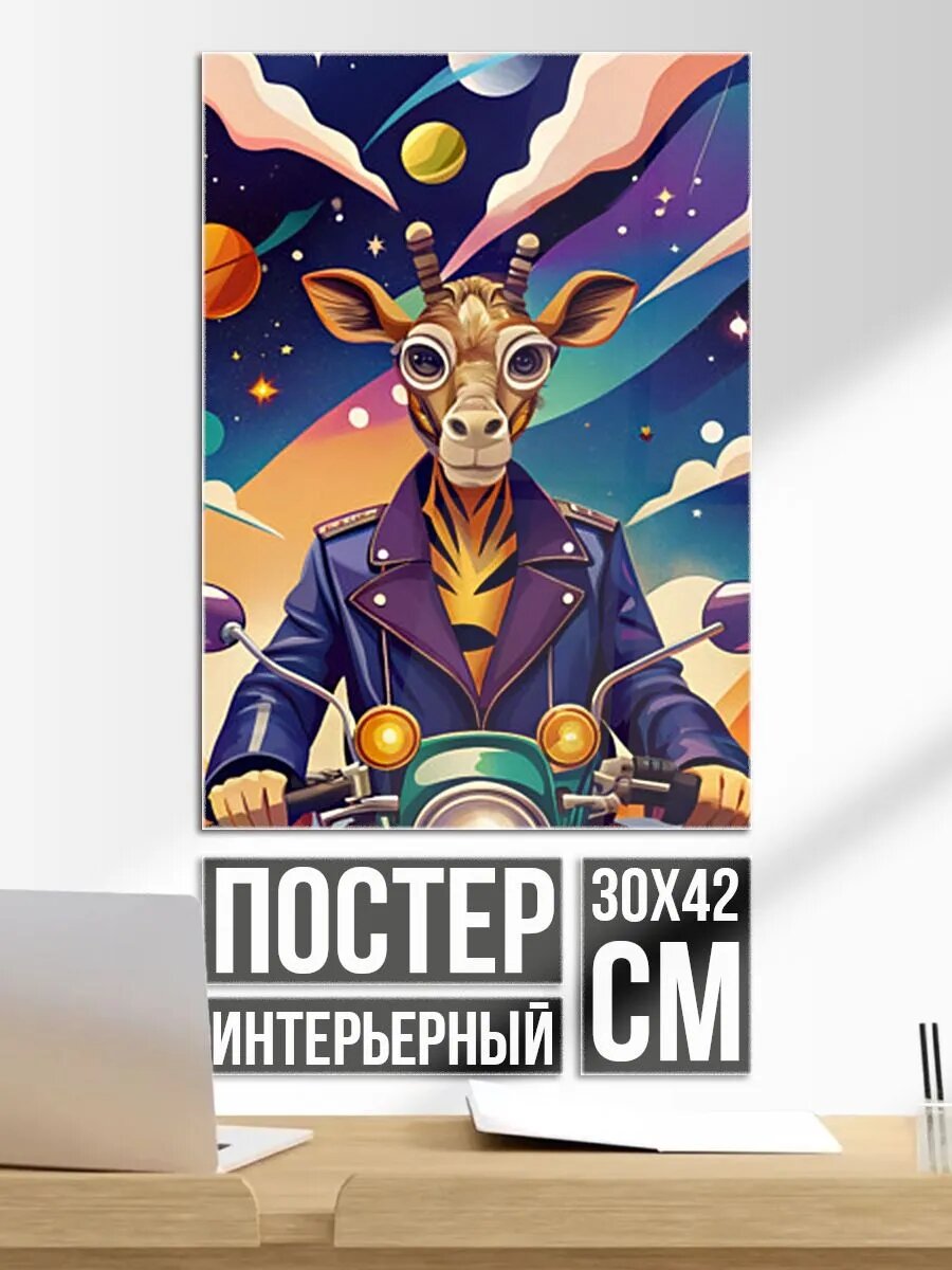 Постер на стену Жираф байкер на железном коне