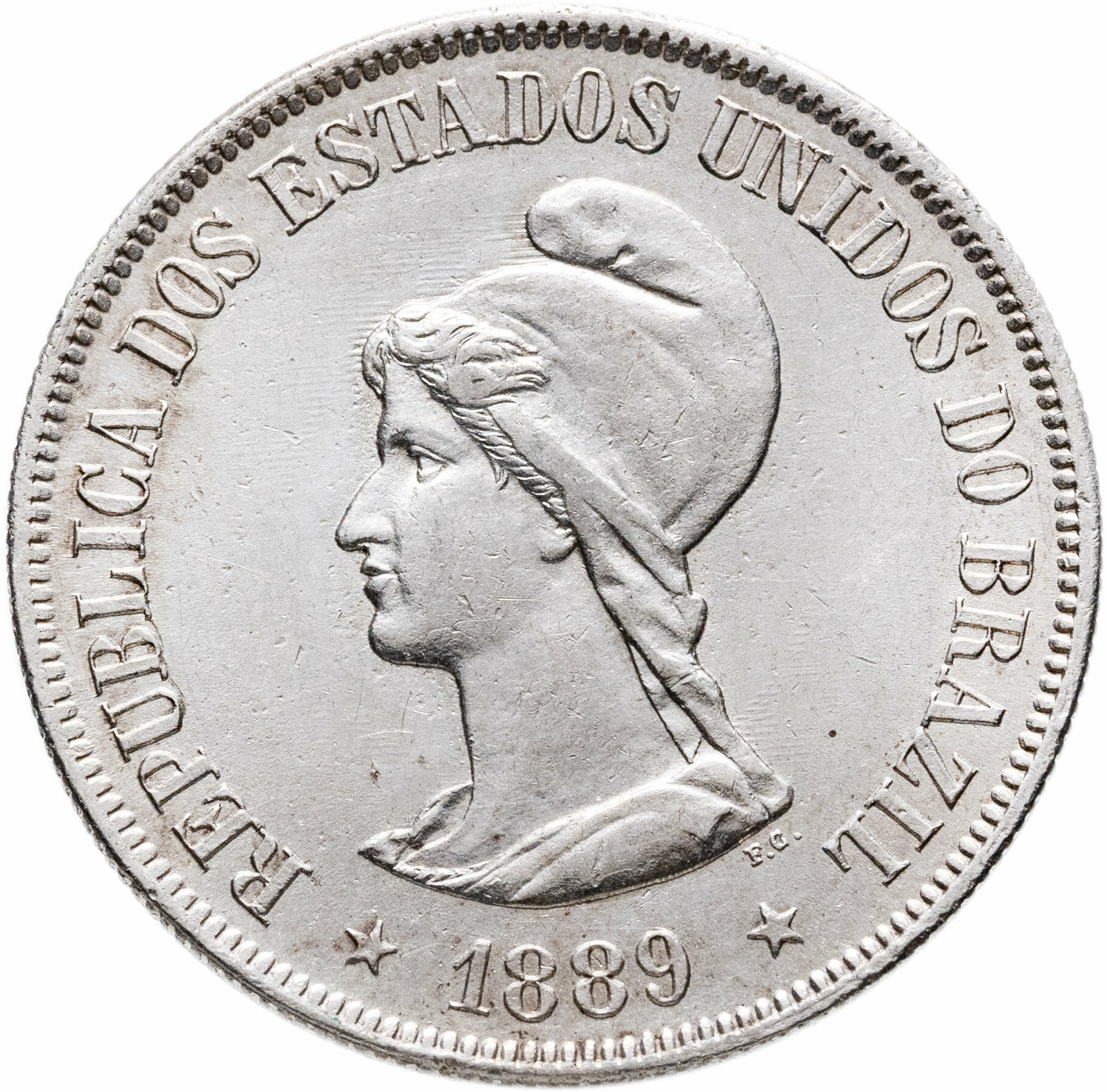 Бразилия 500 реалов рейс, reis 1889, Серебро 917, в сохранности XF