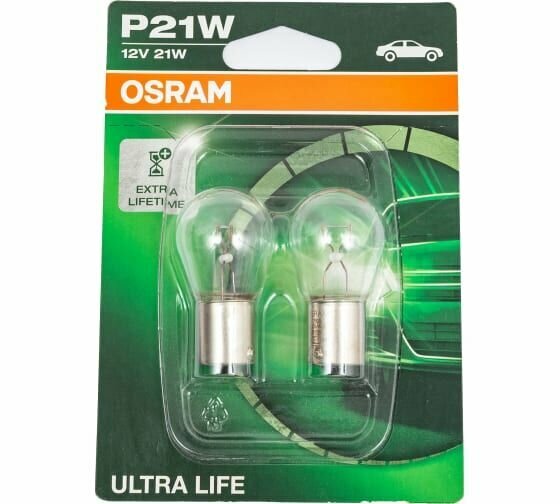 Автолампа, блистер, 2шт. OSRAM P21W BA15s ULTRA LIFE 12V /1/10/50 7506ULT-02B
