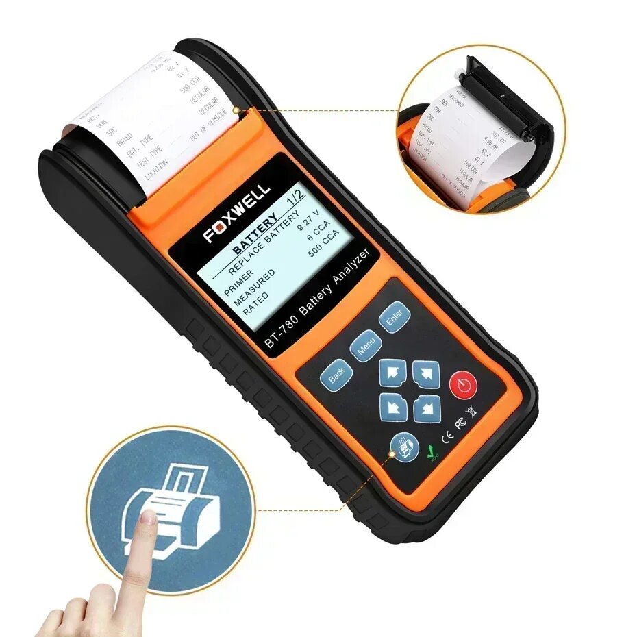 FOXWELL BT780 12 В тестер батареи автомобильный анализатор емкости AGM/GEL/EFB монитор батареи автомобильный тест CCA/SOC/SOH со встроенным принтером
