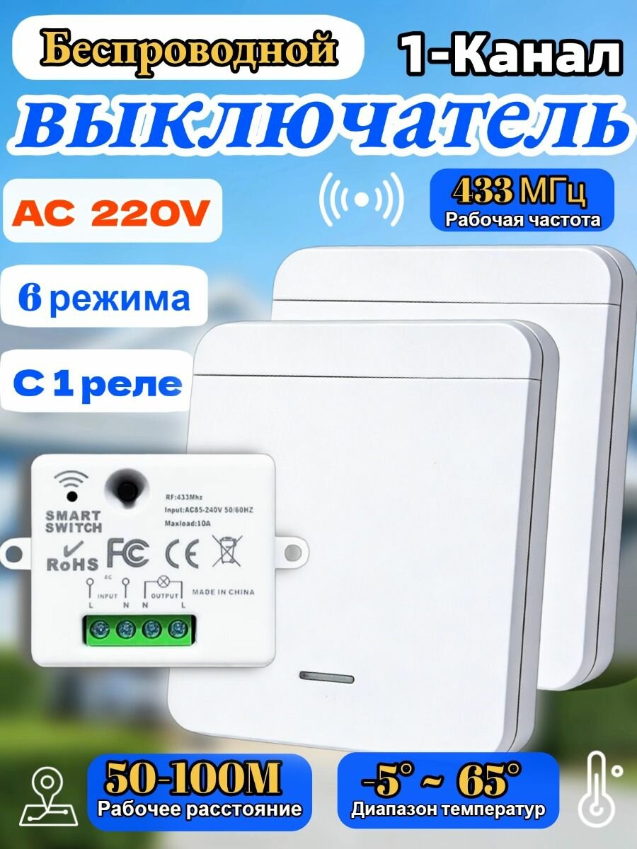 Беспроводной двухканальный дистанционный выключатель света с двумя кнопками 433 МГц 220В с приемником