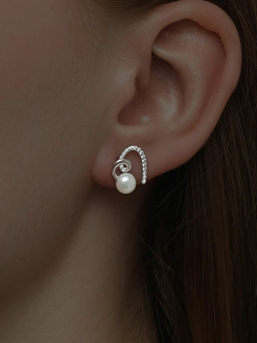 Серьги пусеты, серебро, 925 проба, родирование, фианит, жемчуг