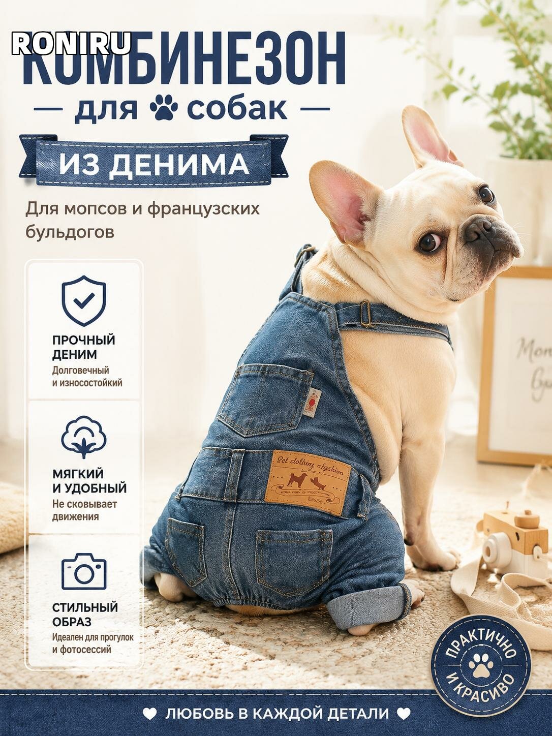 Комбинезон для собак из денима, удобная одежда для мопсов и французских бульдогов, стильный наряд для прогулок и фотосессий