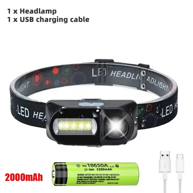 Налобный Фонарь 2000mAh, USB, для кемпинга