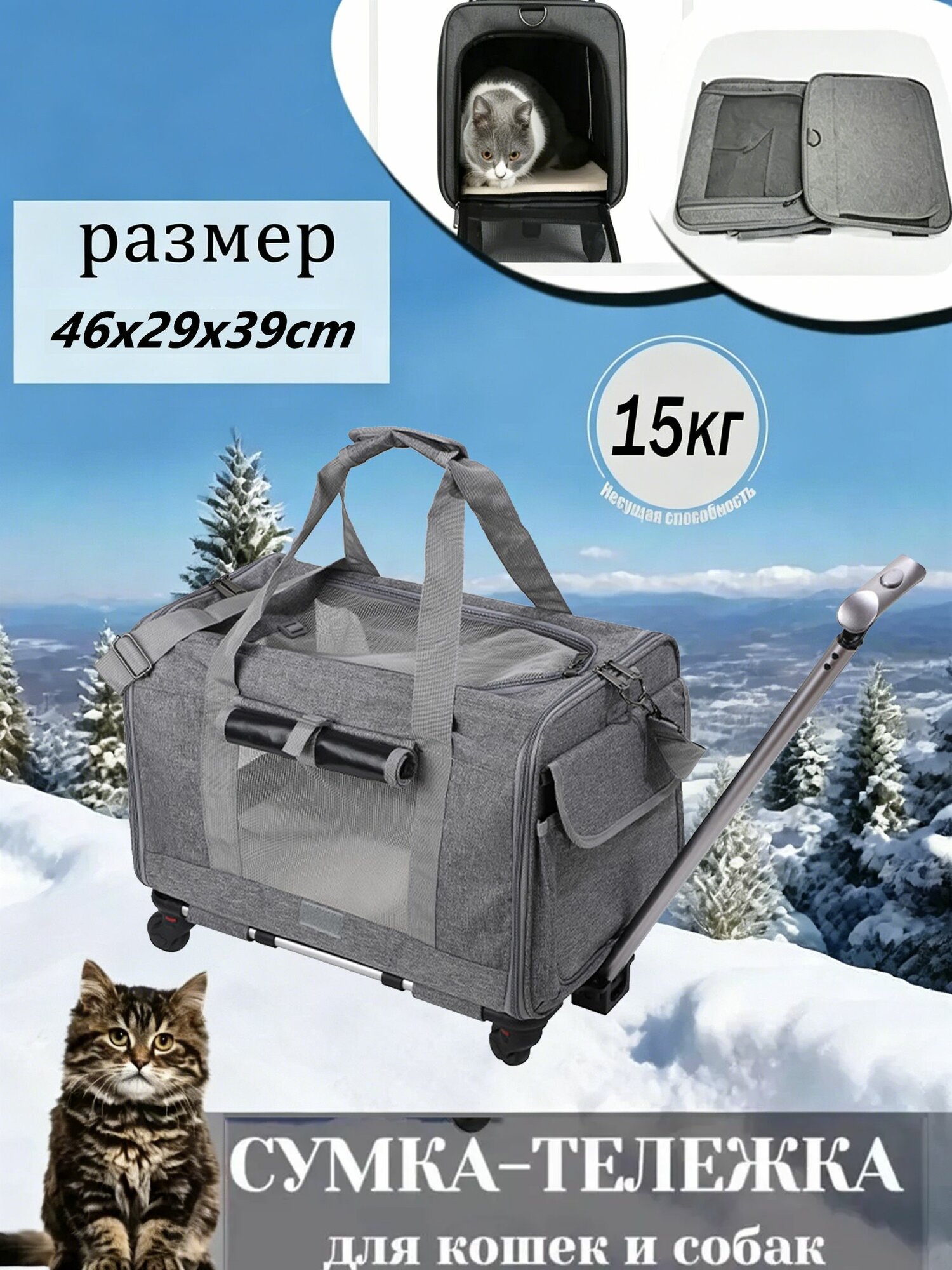 Переноска-чемодан на колесах для кошек и собак, вместительная сумка-тележка с выдвижной ручкой, дорожный контейнер для питомца