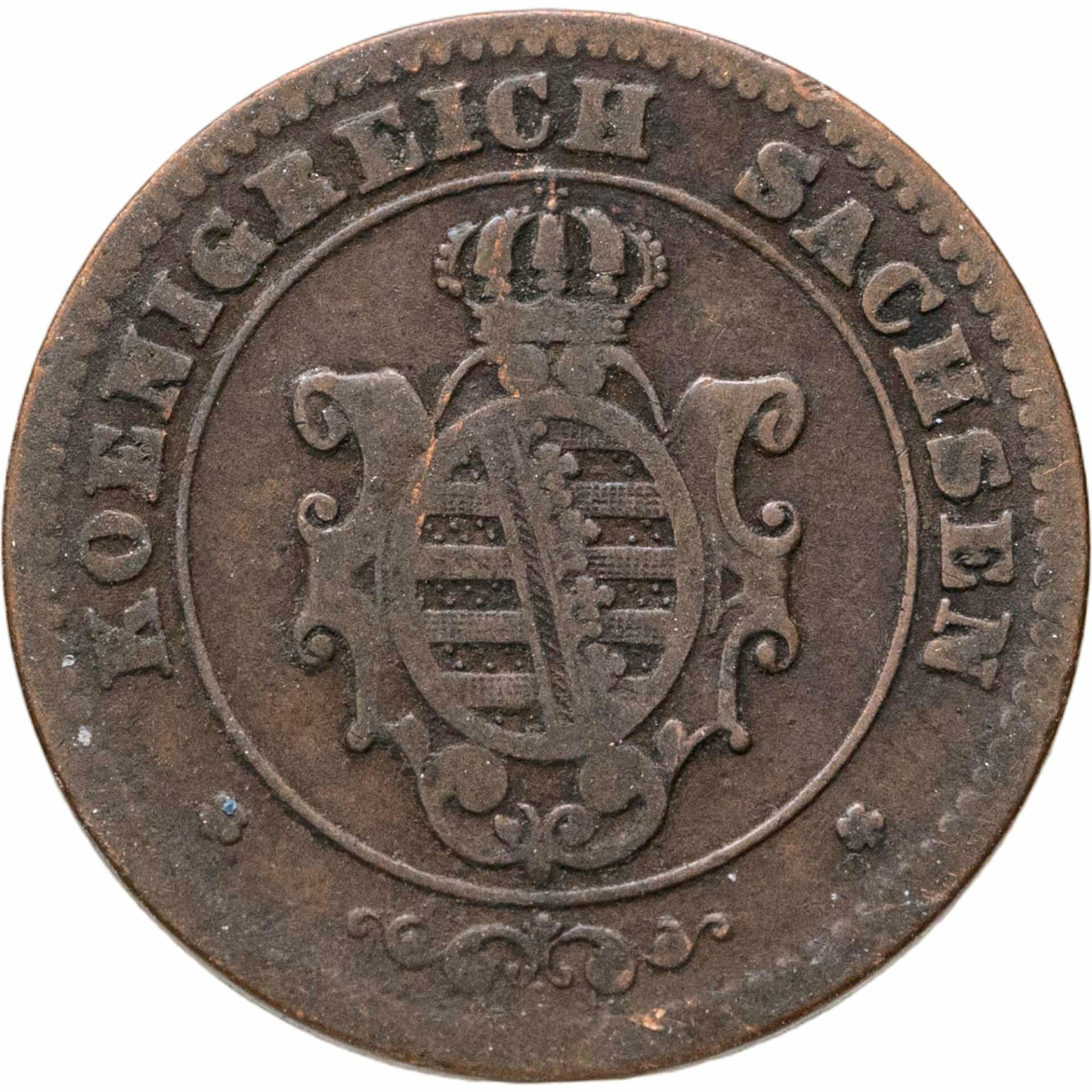Германия, Саксония 2 пфеннига 1864, Медь, в сохранности VF