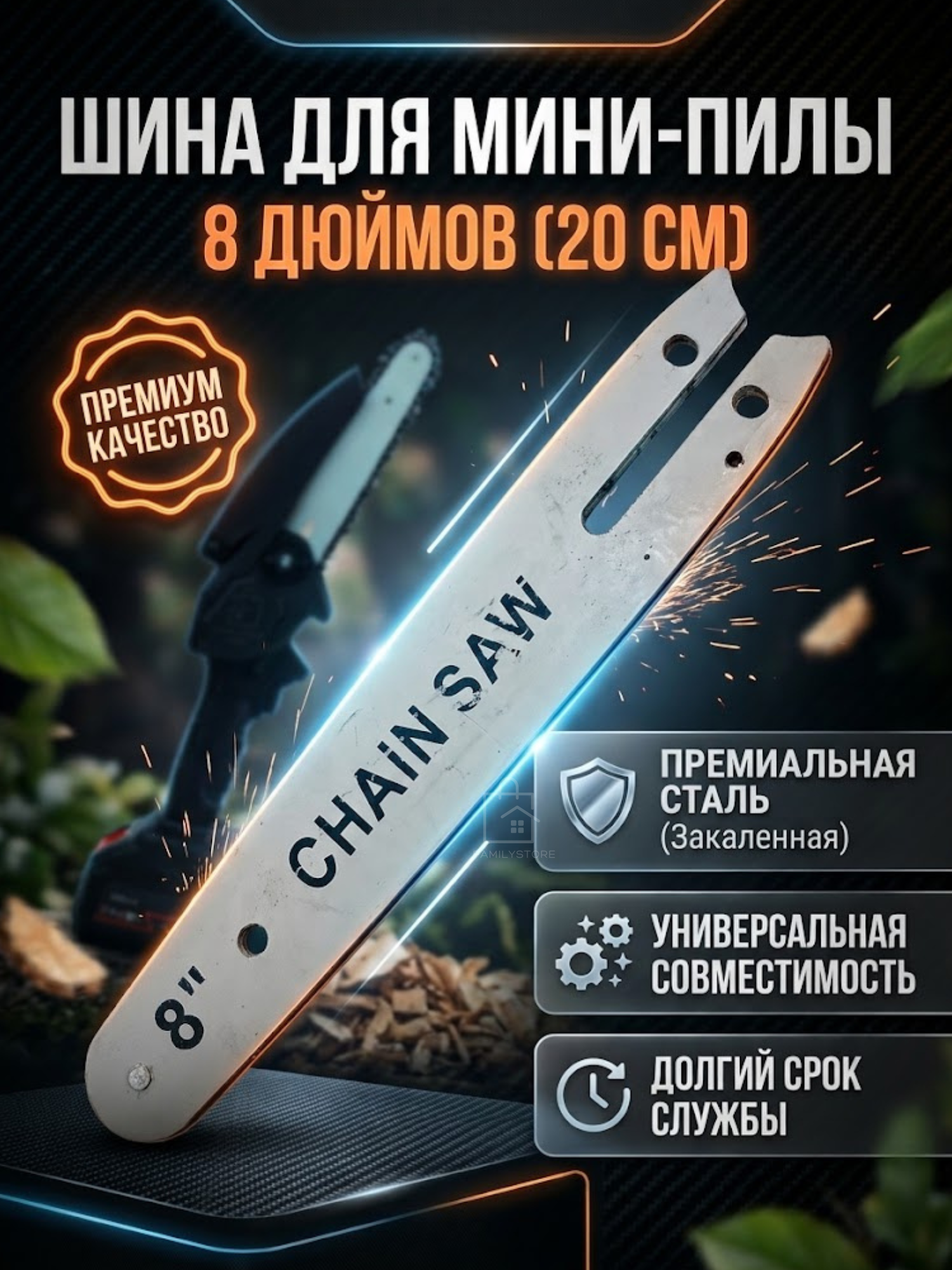 Шина для цепной пилы, 8", длина 24см, толщина 1.1мм, 45звеньев