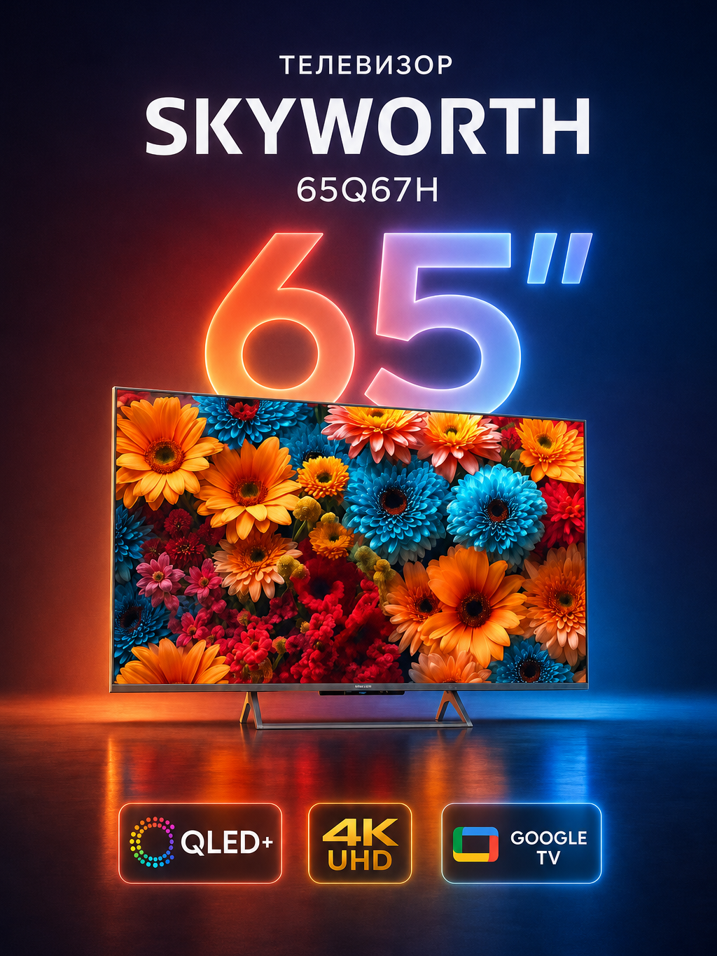 Телевизор Skyworth 65" 65Q67H, QLED+, 4K Ultra HD, Google TV, черный