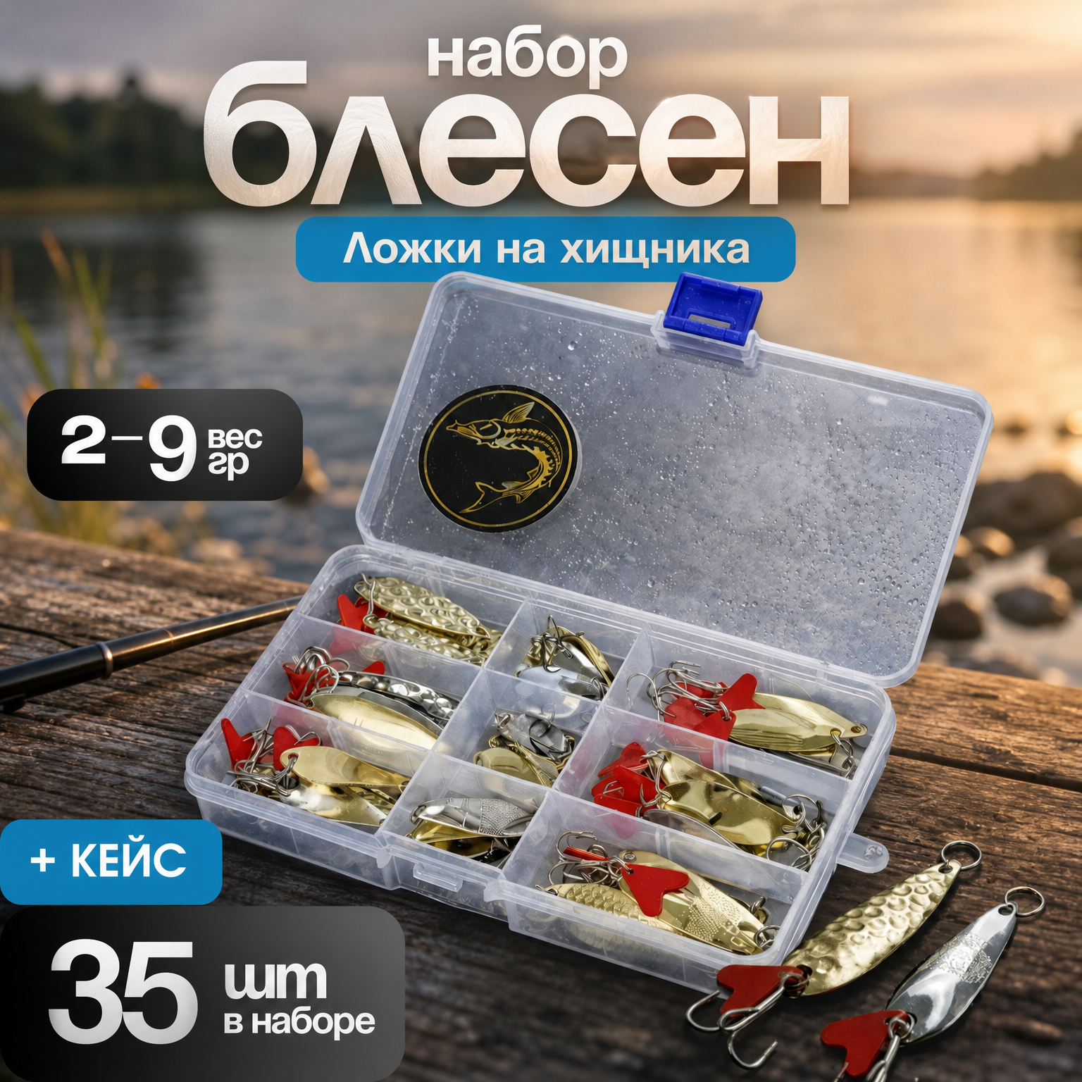 Комплект блесен / Набор колебалок для рыбалки / Ложки на щуку и хищников / Блесна для ловли / Кейс для хранения / Идеальный подарок мужчине (Вес: 2-9 гр; Количество: 35 шт в наборе; Размеры упаковки: 180x110x40 мм)