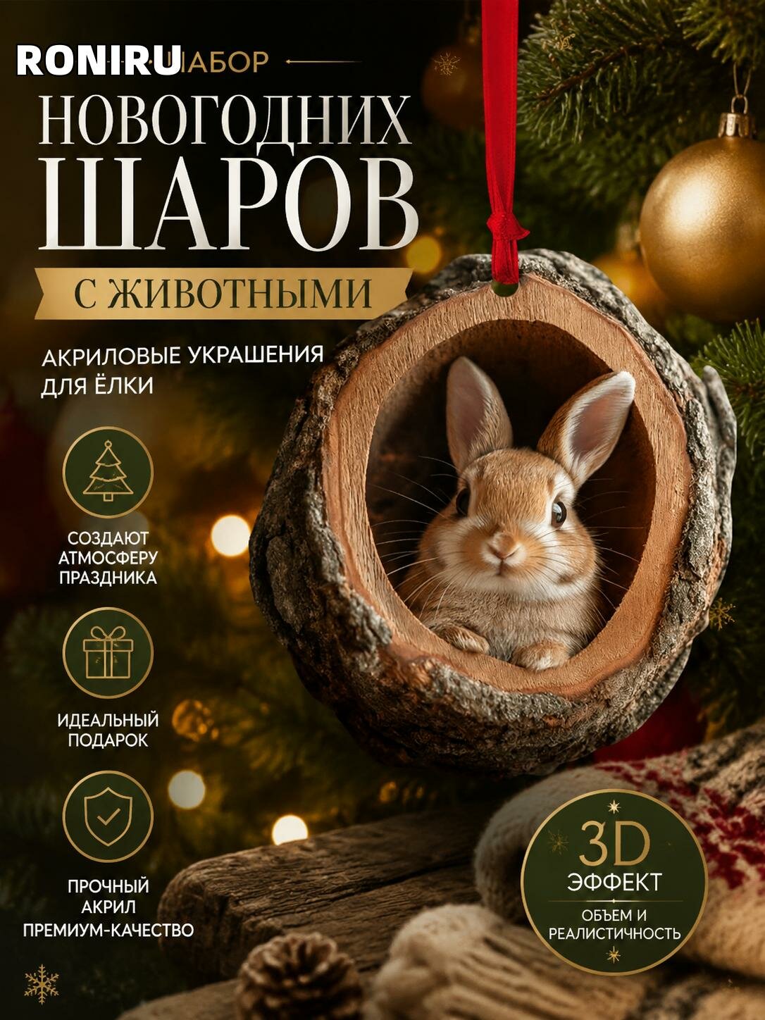 Набор новогодних шаров с животными для елки — акриловые украшения с ленточками и 3D-эффектом для праздничного декора