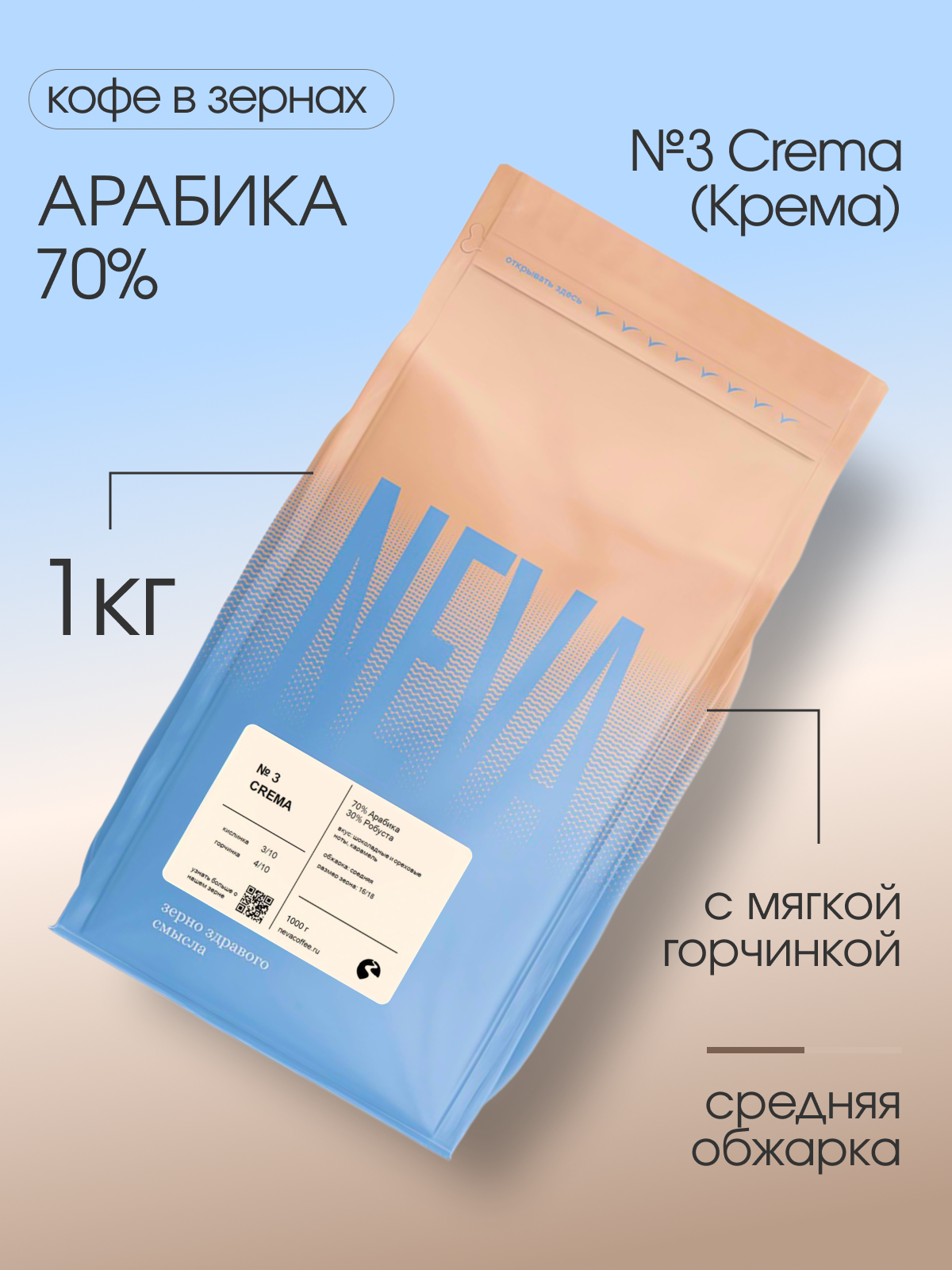 Кофе в зернах №3 Crema (Крема), 70% Арабика/30% Робуста 1000г, свежеобжаренный Neva Coffee Roasters (Нева Кофе)