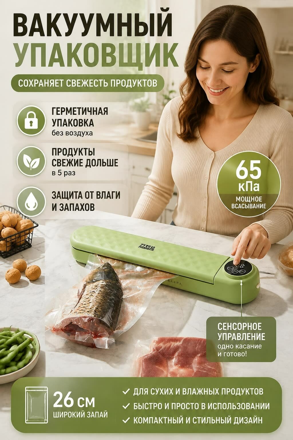 Вакуумный упаковщик, Сумка, мини, пластик зелёный для дома