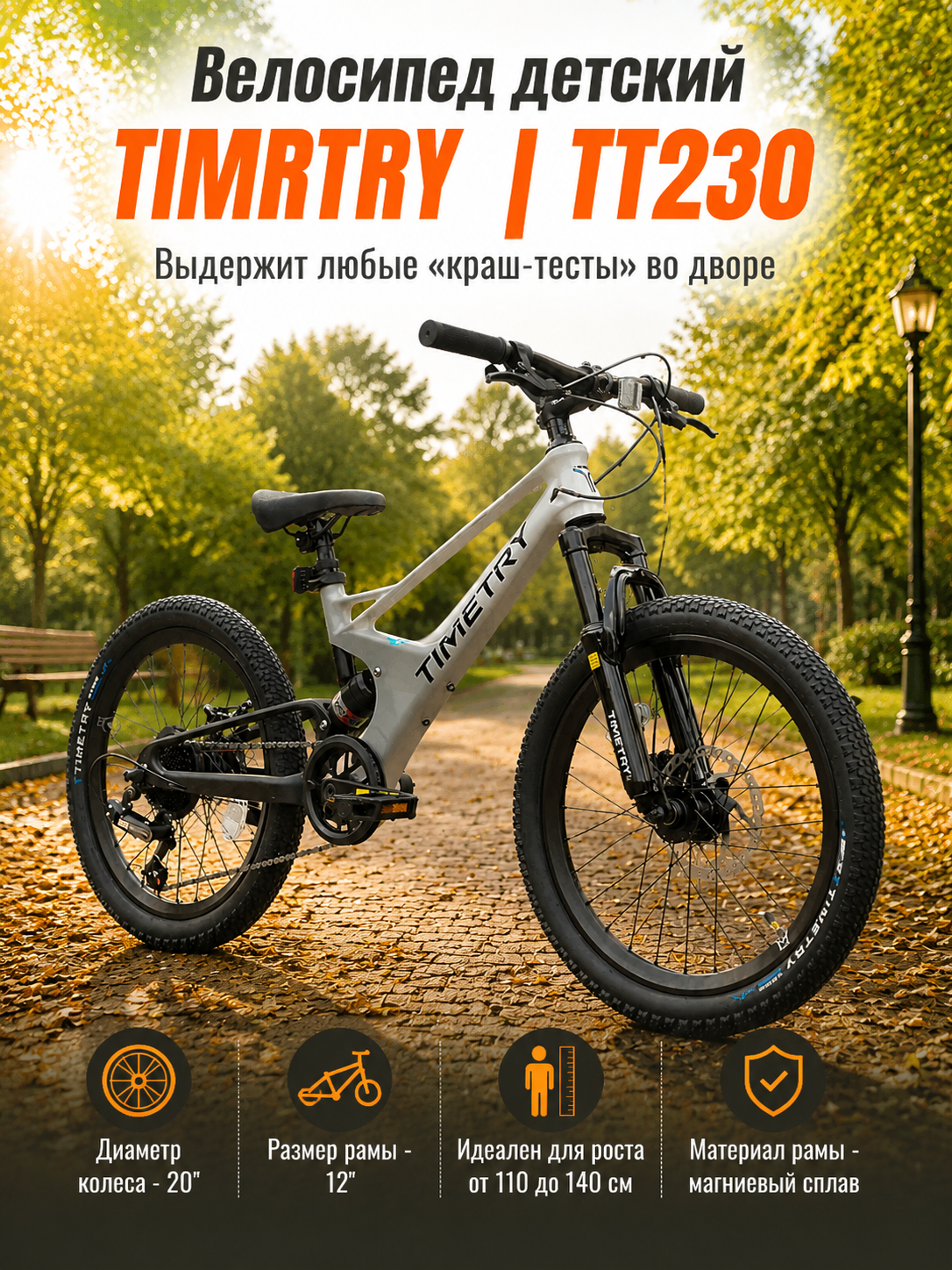 Детский горный велосипед BREND TIMETRY ORIGINAL TT230, диаметр колес 20", 7 скоростей, рама магниевый сплав, серый