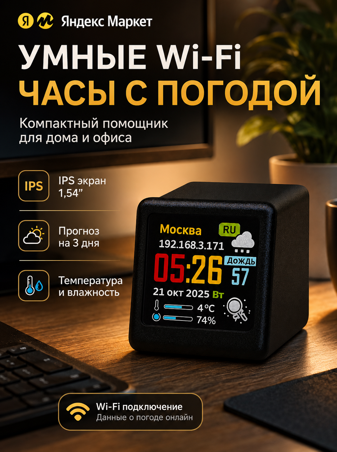Часы настольные электронные для России, Умная метеостанция Wi-Fi, цветной IPS экран, температура и влажность, будильник
