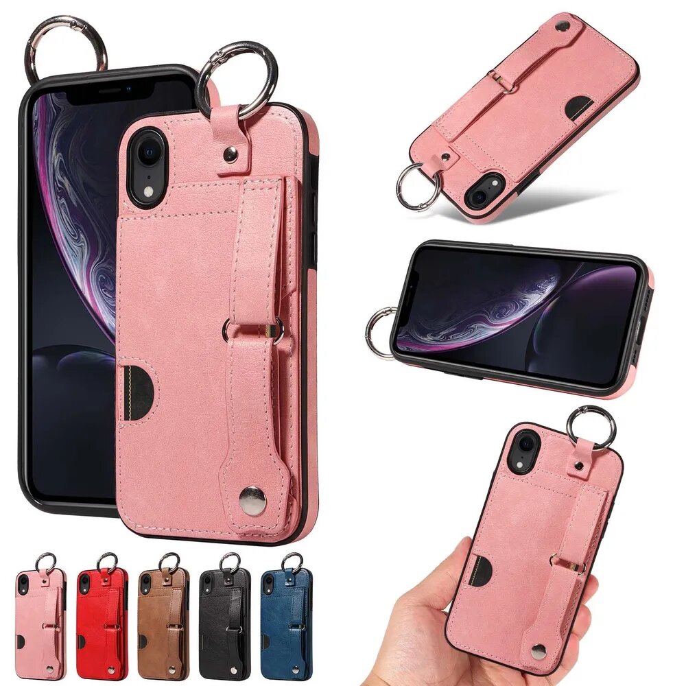 YIKATU Кожаный чехол для Apple iPhone XR (Эпл Айфон XP) с регулируемым ремешком на запястье/кольцевой пряжкой/ Держатель карты