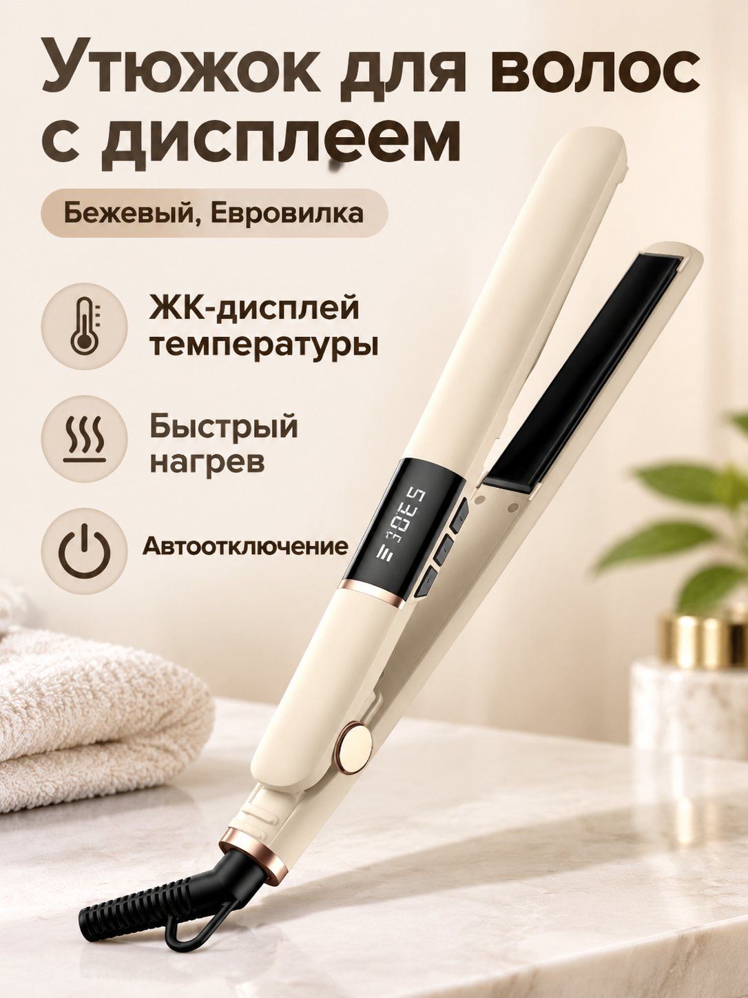 Выпрямитель для волос с ЖК-дисплеем и ионной защитой, 5 режимов температуры до 230 C, керамические пластины, евроразъём