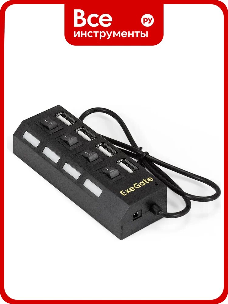 USB-Хаб концентратор ExeGate 4-в-1 DUB-42SW кабель-адаптер USB2.0-4xUSB2.0, кнопки включения отключения для каждого порта, Plug&Play, черный 293977