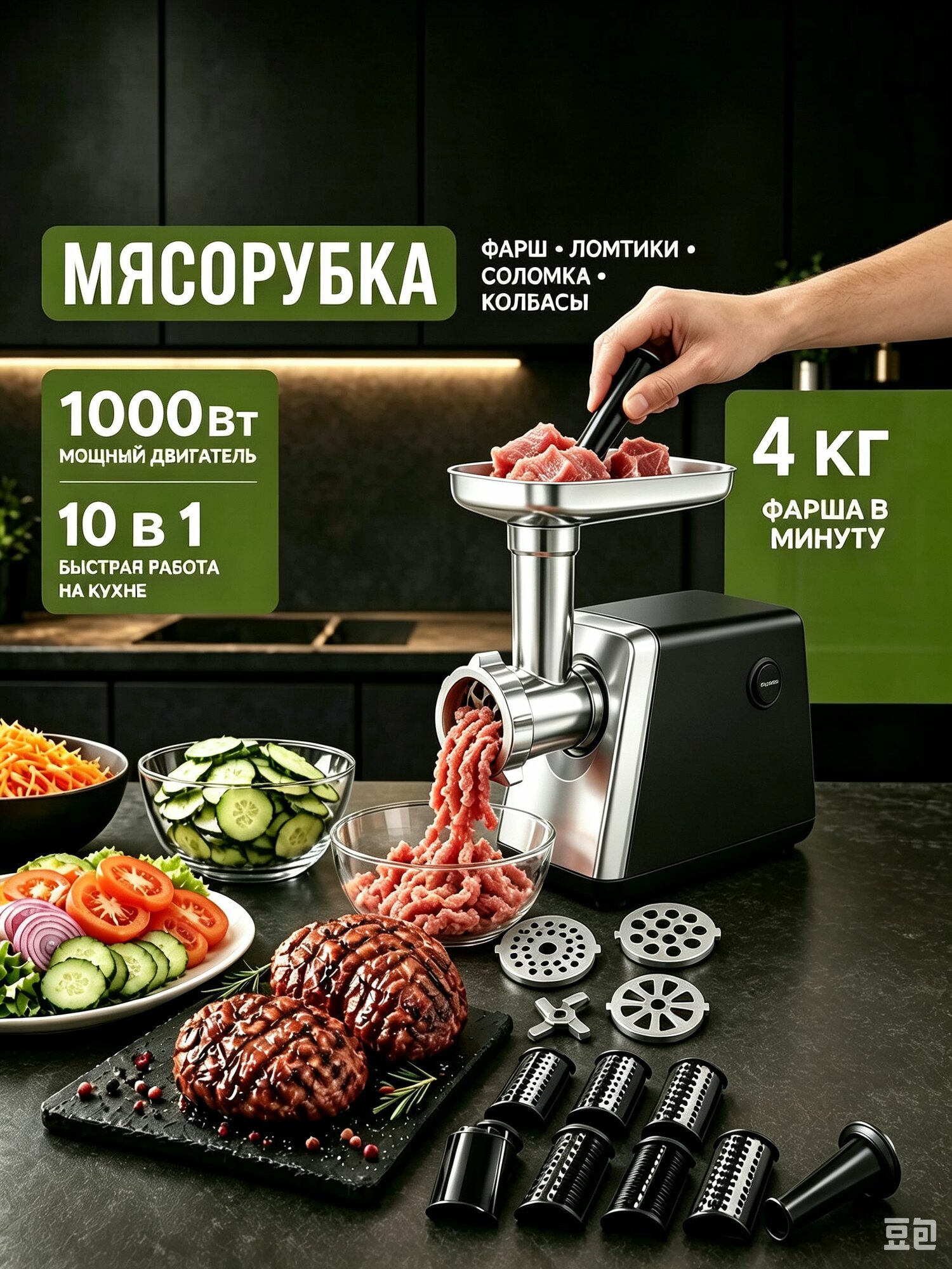 Мясорубка электрическая мощная 1000 Вт, функция реверса, комплект насадок для мяса, овощей и приготовления сосисок