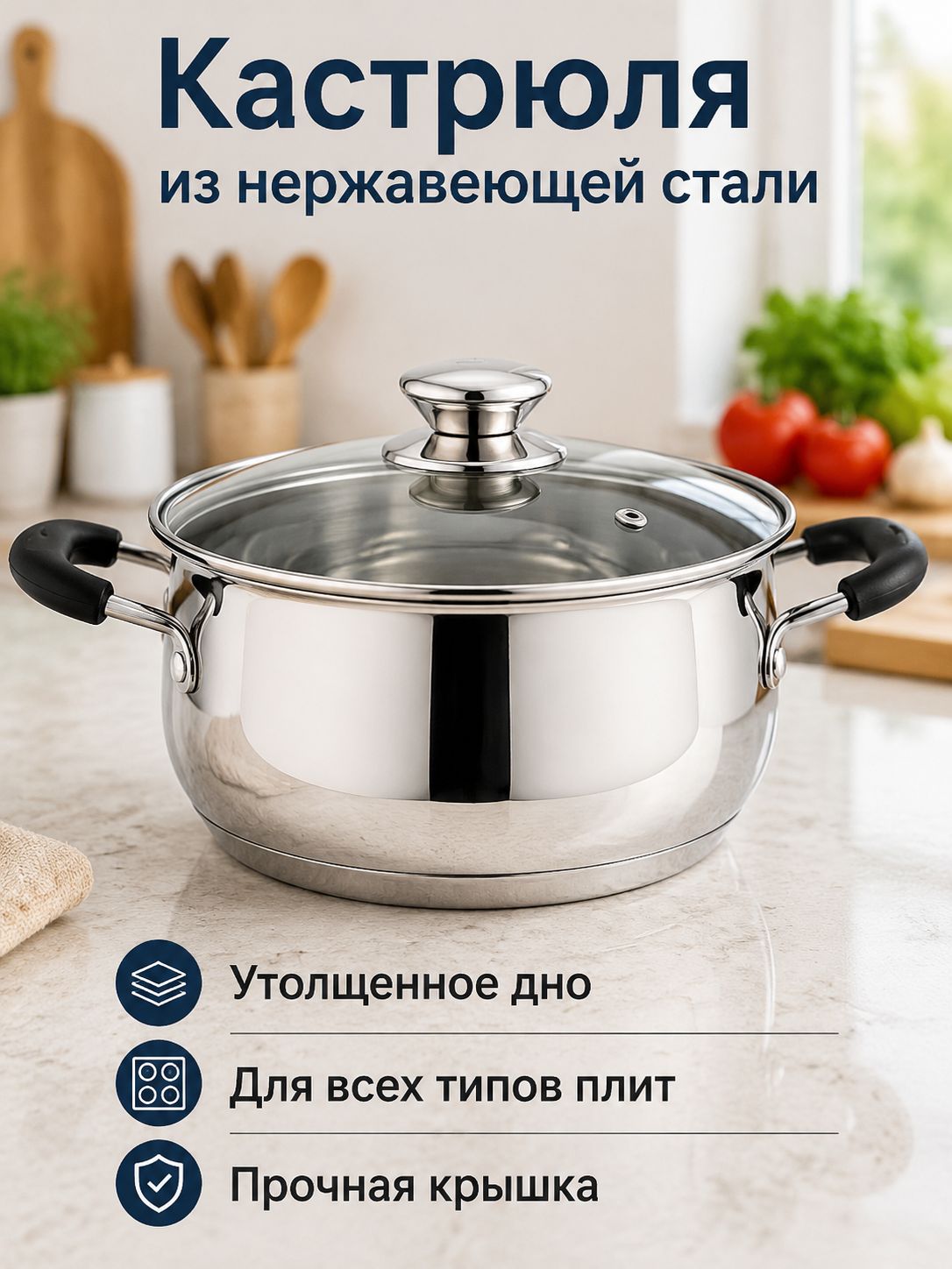 Кастрюля из нержавеющей стали, 20 см, с стеклянной крышкой и толстым дном для супов