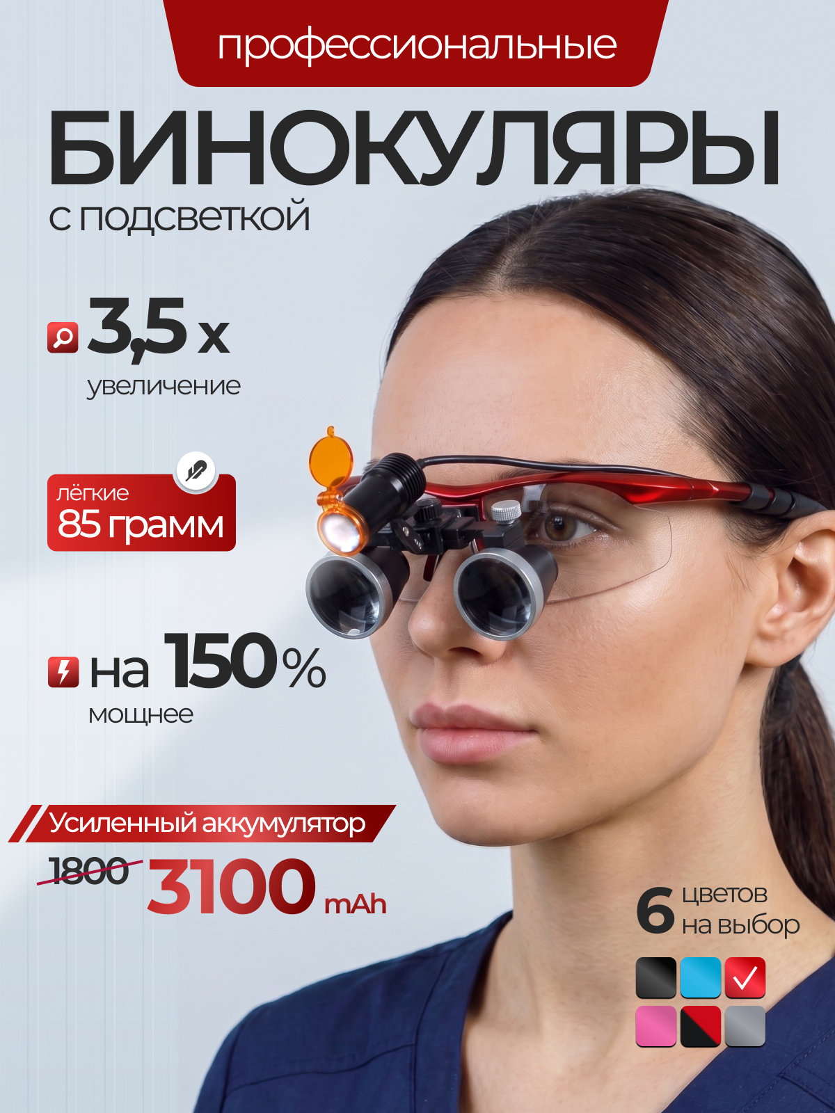Лупа очки бинокулярные c подсветкой для стоматолога, ювелира 3.5х