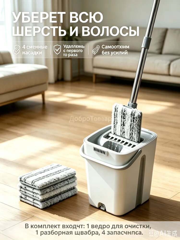 Швабра с отжимом 125 см насадок 4 шт abs пластик серый