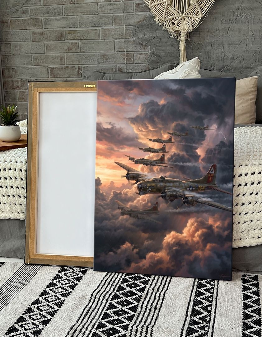 Картина на холсте (B-17, Летающая крепость, бомбардировщики, эскадрилья, самолёты, грозовые тучи, закат) 30x40 см. Интерьерная на стену. Украшение