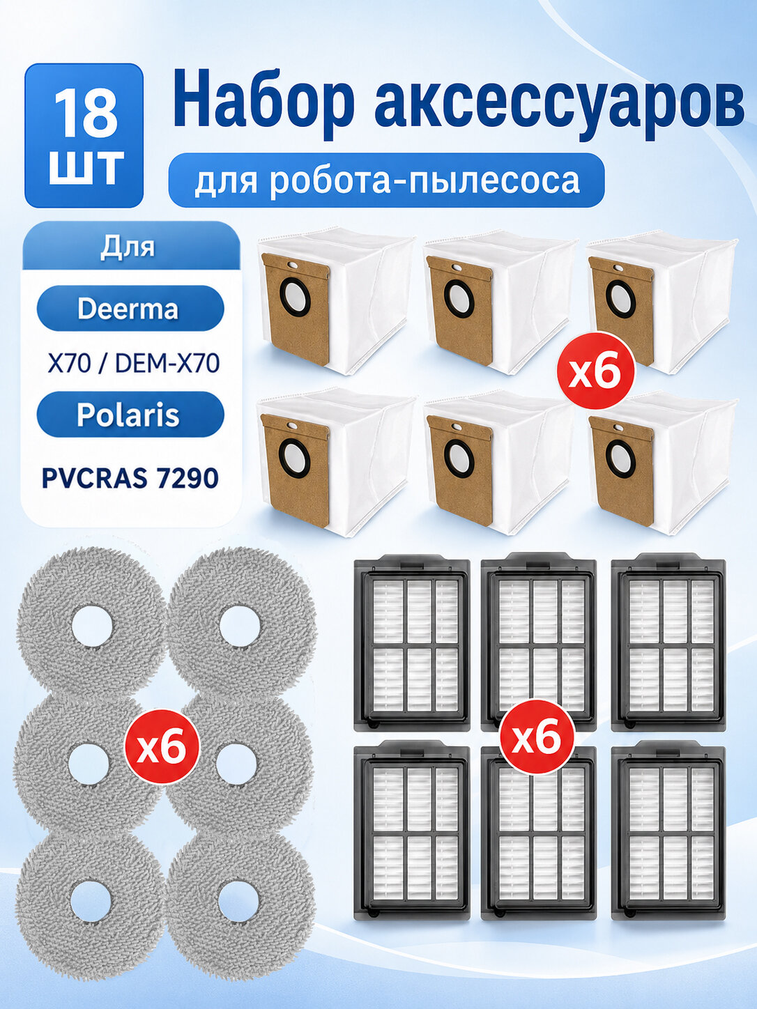 Совместимо с Deerma X70 / DEM-X70 / Polaris PVCRAC 7290 комплект расходных аксессуаров для пылесоса: основная щётка, боковая щётка, HEPA-фильтр, тряпка МОП и мешок для пыли
