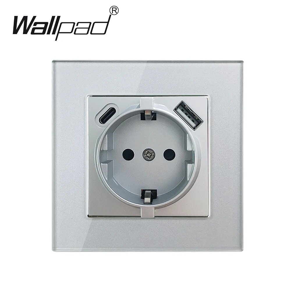 Wallpad Сенсорный выключатель света с USB Type-C розетками черный EU USB Type C Grey