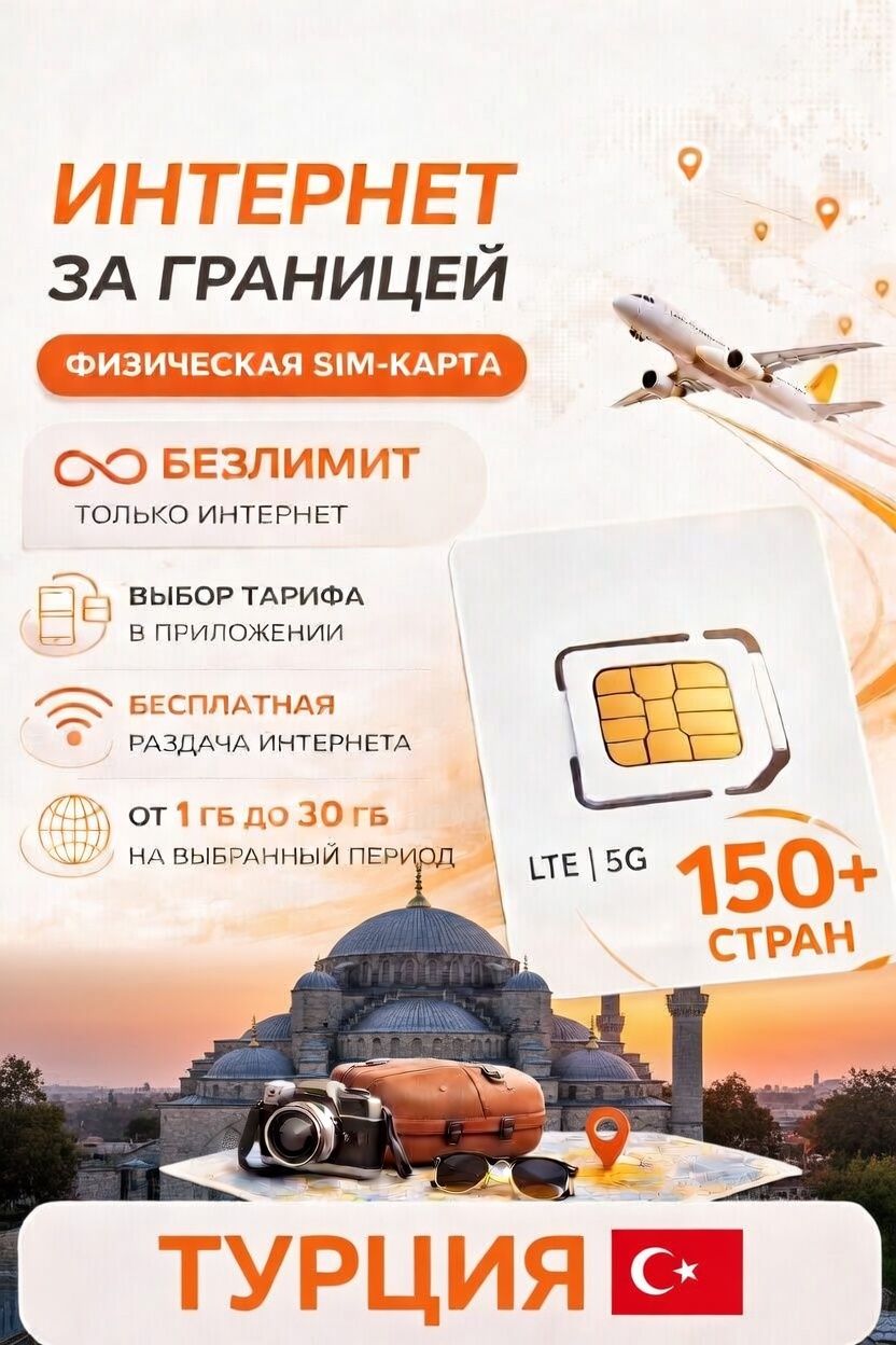 Туристическая SIM-карта для путешествий в Турцию, сим карта для телефона, смартфона, планшета, интернет за границей 5G LTE 4G, Турсим (Турция)