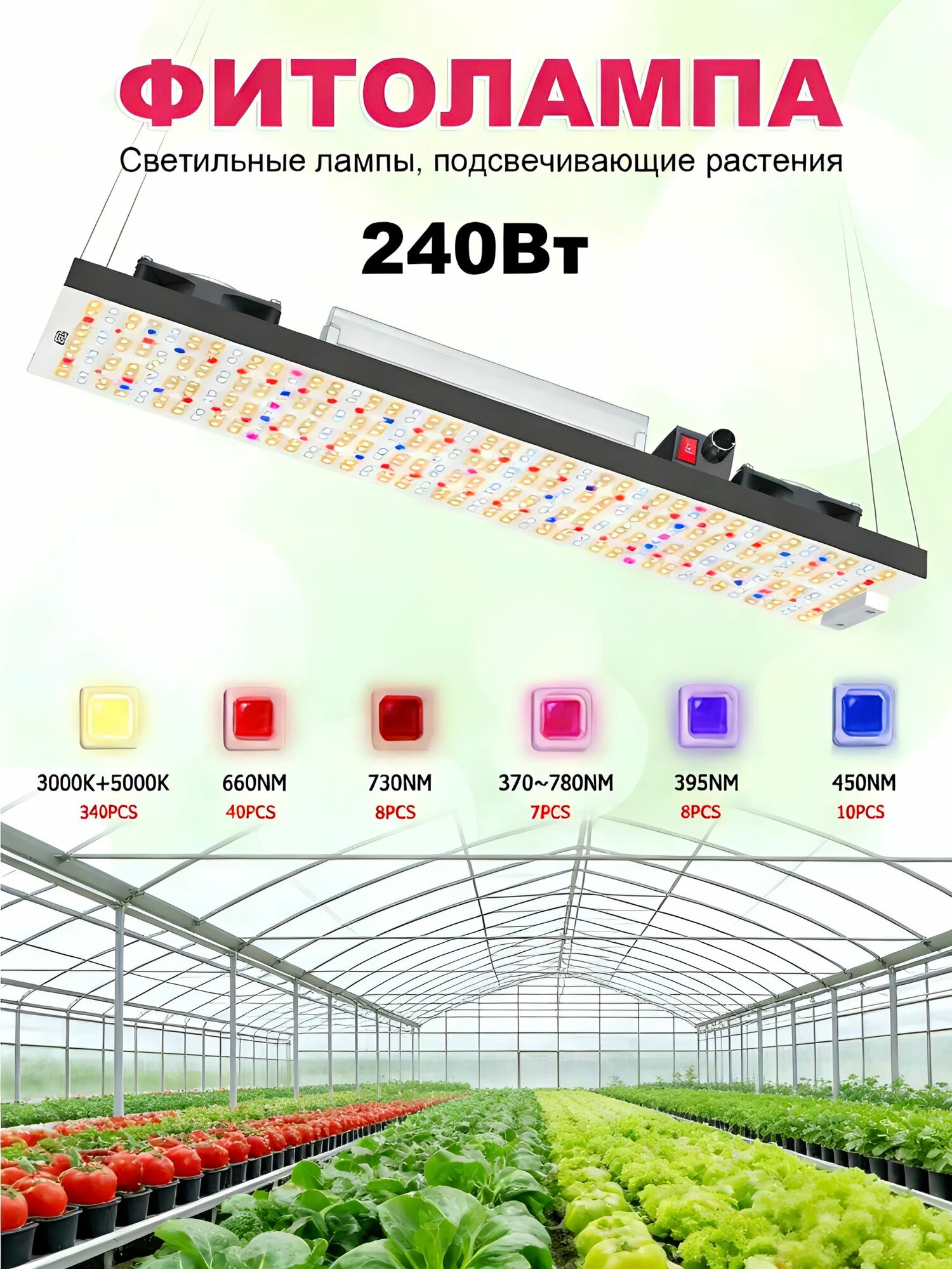 Фитосветильник 240W LM301H EVO полный спектр с UV/RED/IR, диммируемый Meanwell драйвер для гроубокса, теплицы и рассады