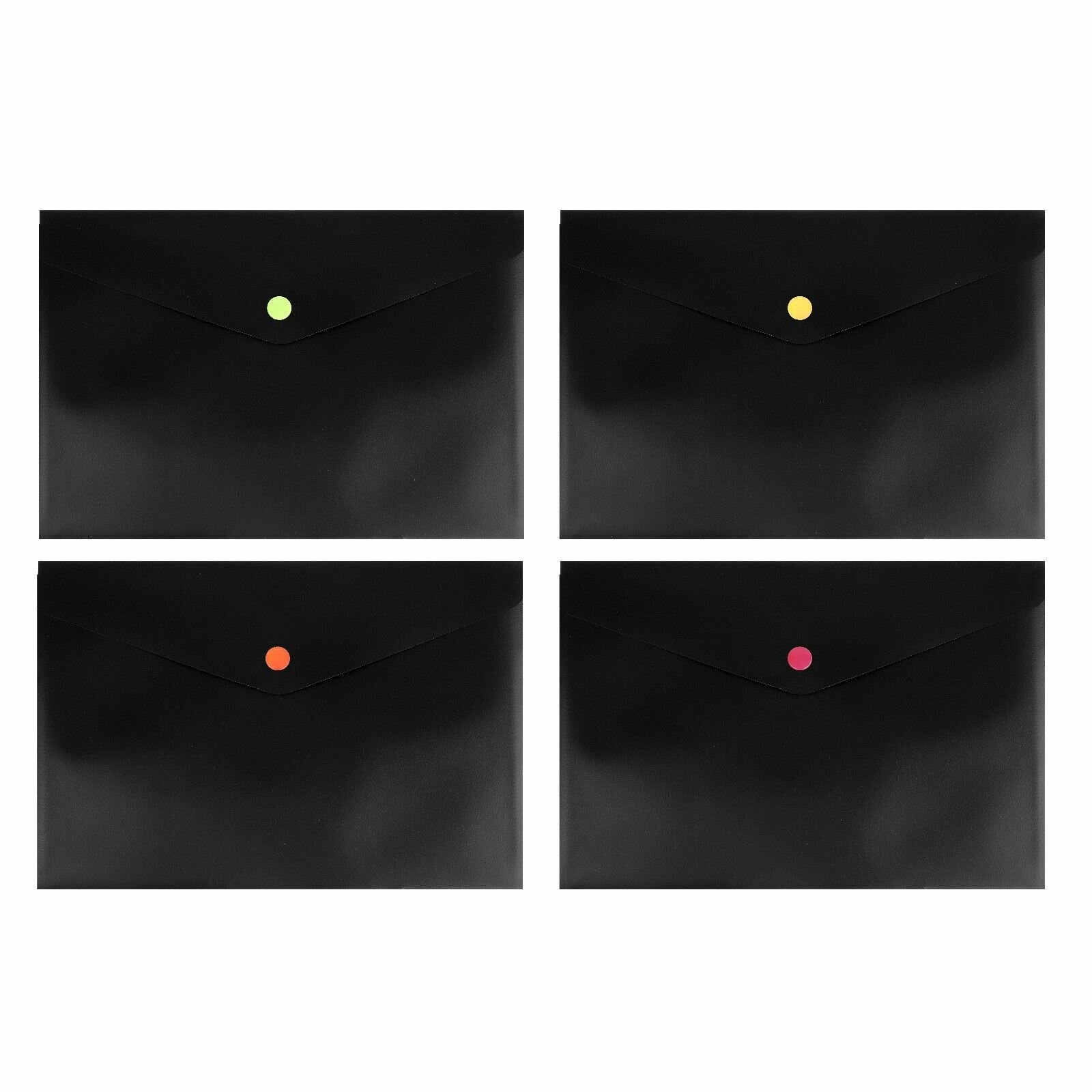 Набор папок-конвертов на кнопке 4 шт. А5, 150 мкм, непрозрачная, черная, цветные кнопки