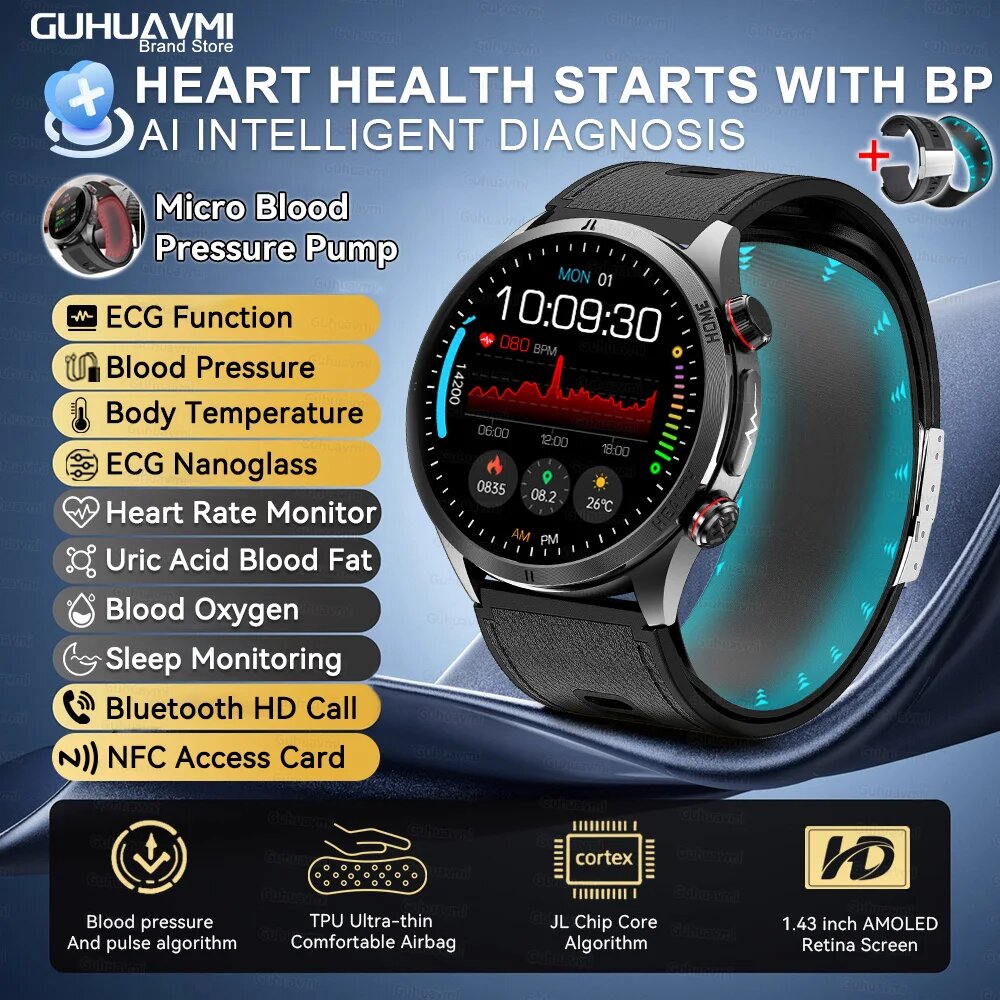 Умные часы GUHUAVMI ECG, черная кожаная версия